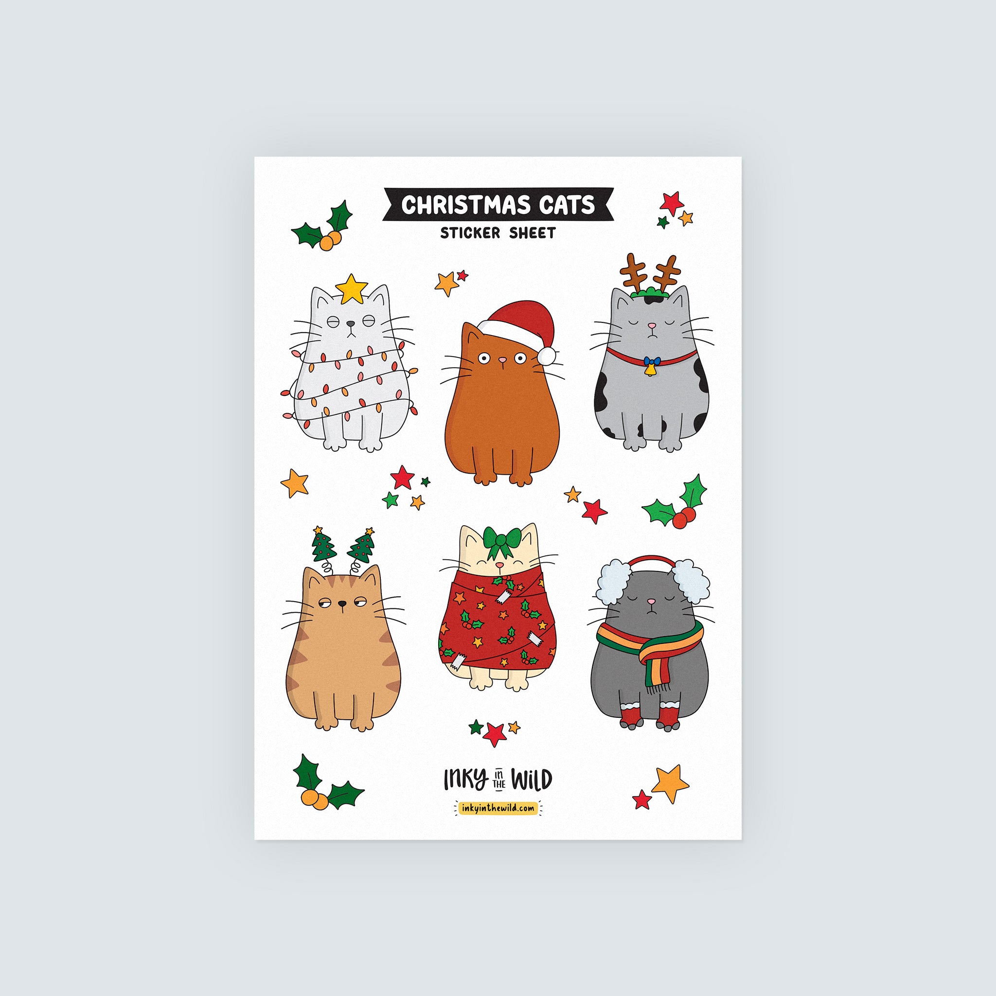 Cats at Christmas Sticker Sheet (A5) – Inky in the Wild
